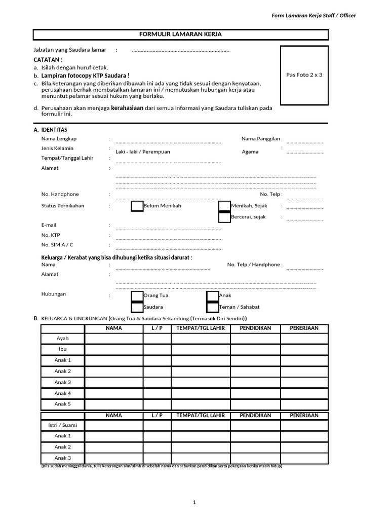 Form Lamaran Kerja Staff | PDF