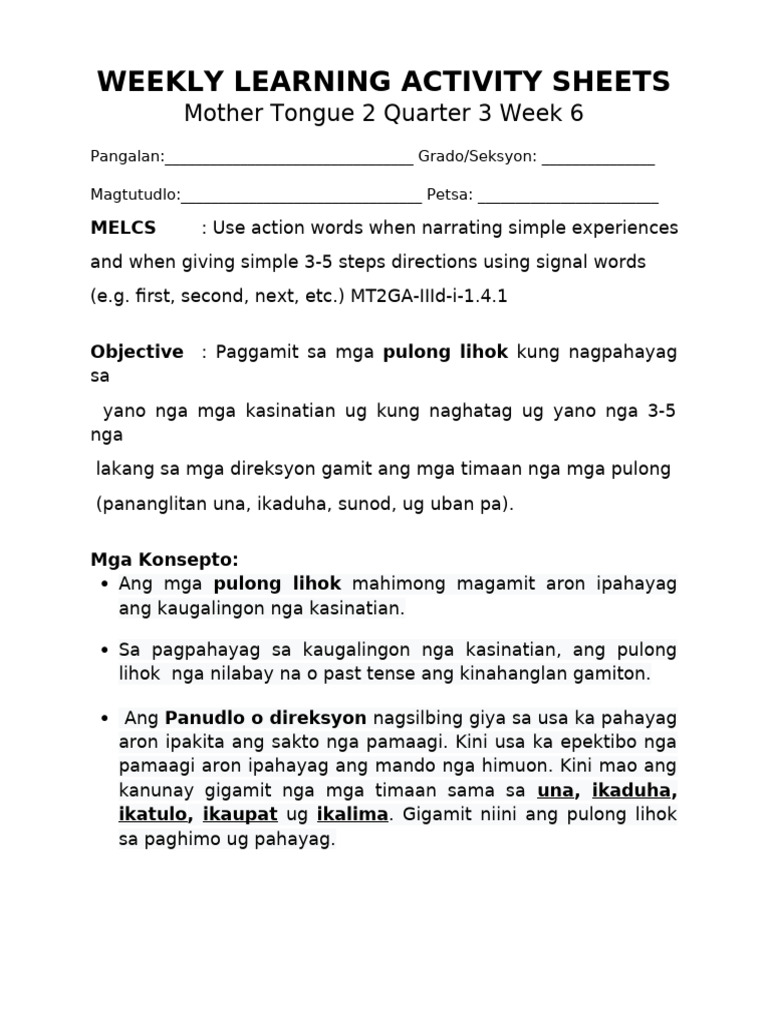 Weekly Learning Activity Sheets: Mother Tongue 2 Quarter 3 Week 6 | PDF