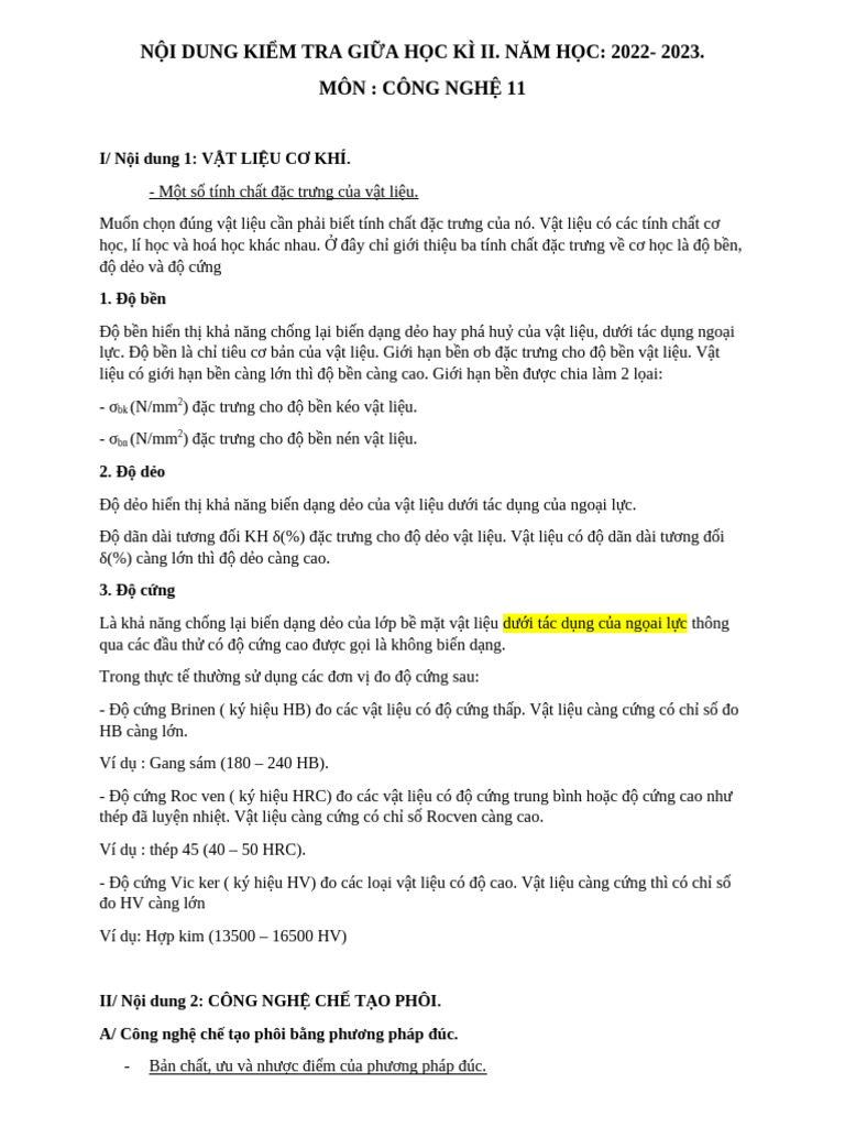 NỘI DUNG ÔN TẬP CÔNG NGHỆ K11 GIỮA HK2 2022 2023 | PDF