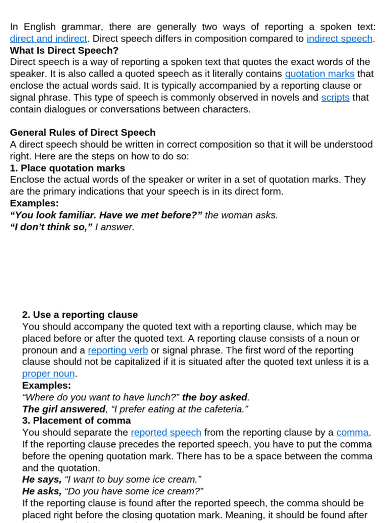 Direct Speech and Indirect Speech. Abstract Noun | PDF | Grammatical ...