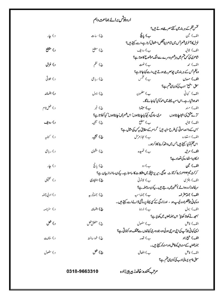 10th Urdu Grammar Notes by Khalid Zubair Pirzada | PDF