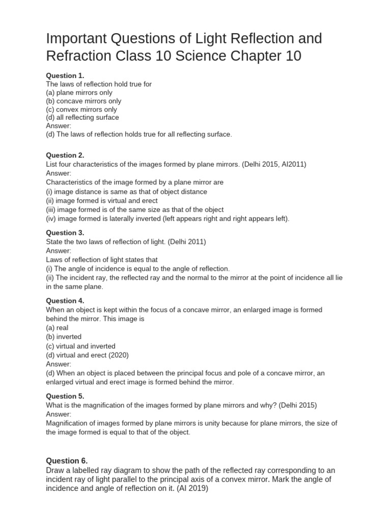 Ans Key of Physics 10th Light | PDF | Mirror | Optics