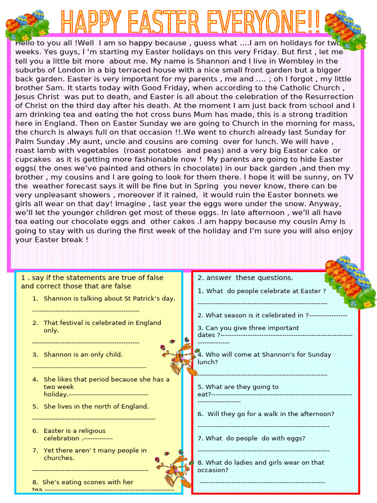 Happy Easter Reading Comprehension Reading Comprehension Exercises ...