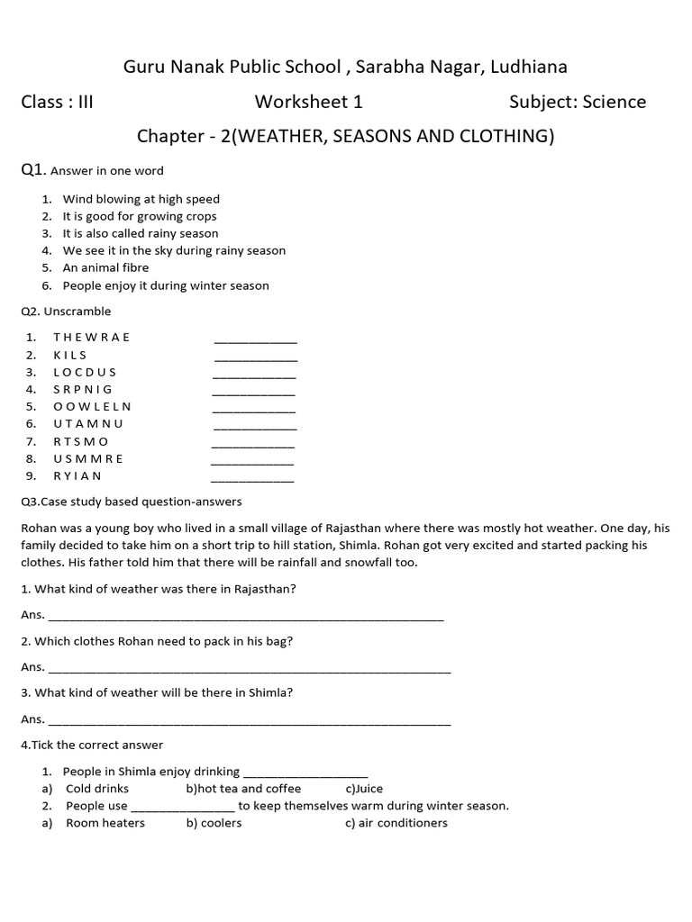Class III Science Worksheet on Weather | PDF
