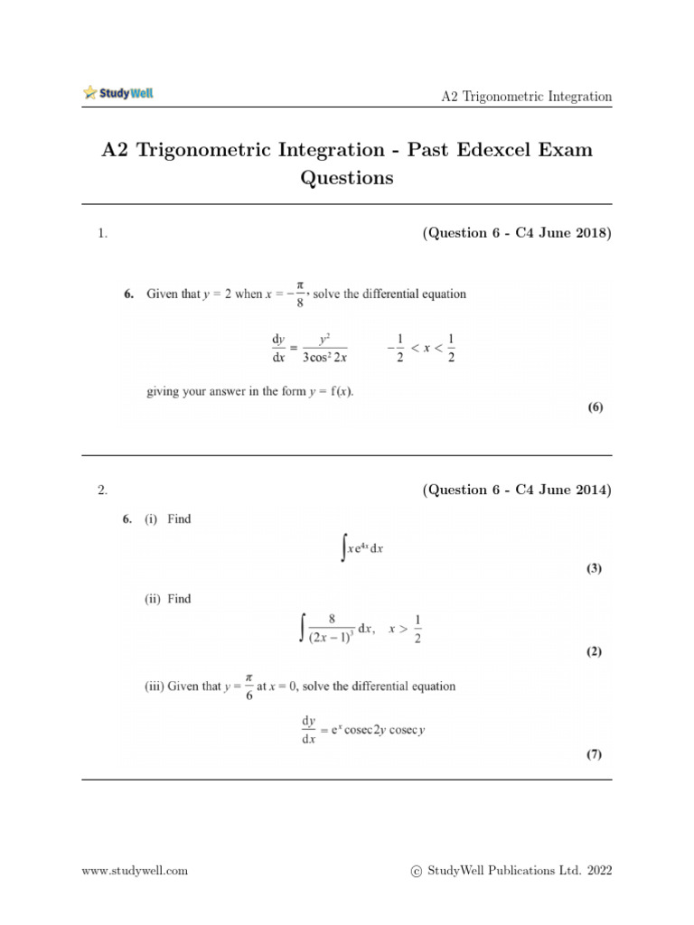 A2 Trigonometric Integration Exam Questions | PDF