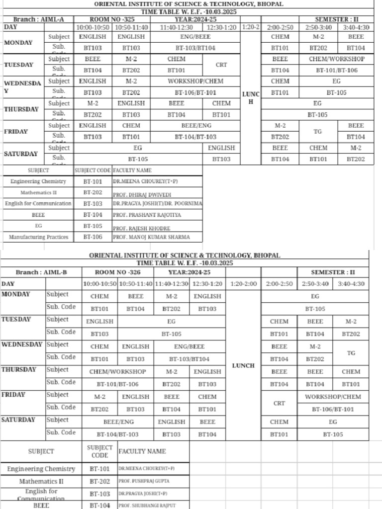 First Year Time Table 2nd Sem 2025 | PDF