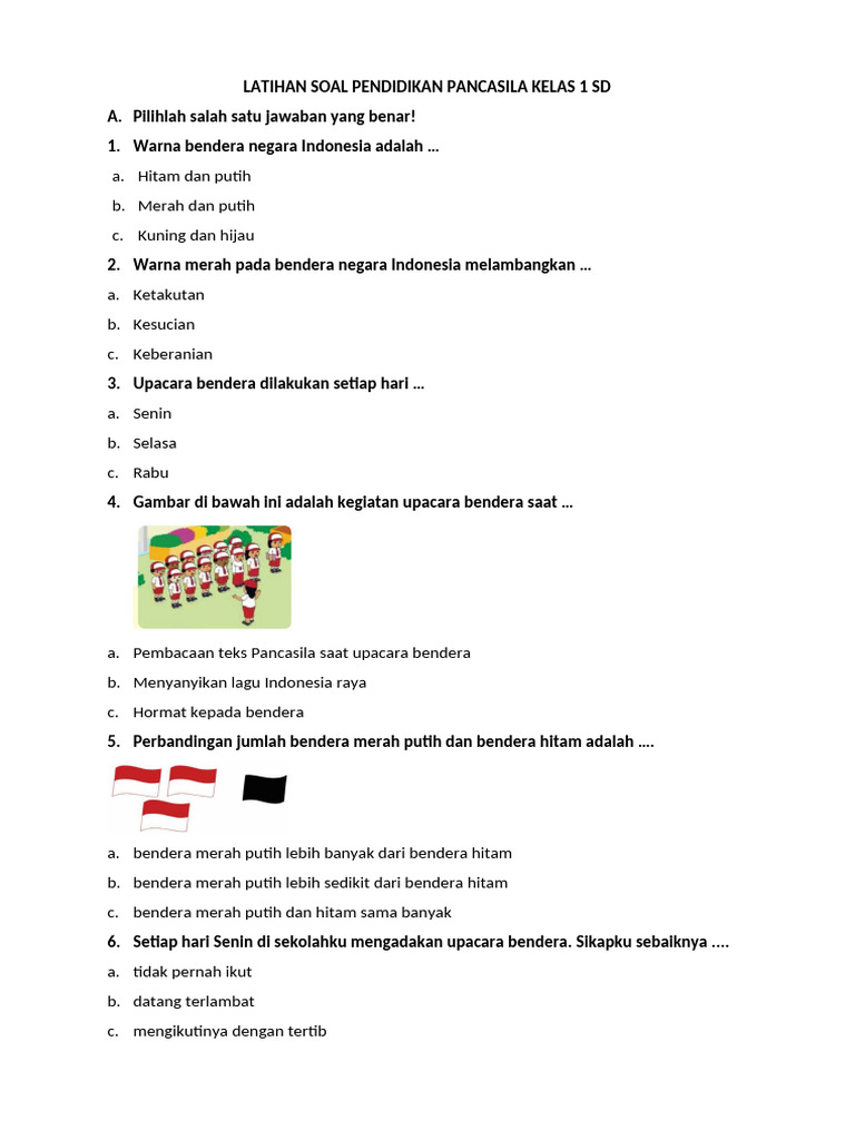 Latihan Soal Pendidikan Pancasila Kelas 1 SD | PDF