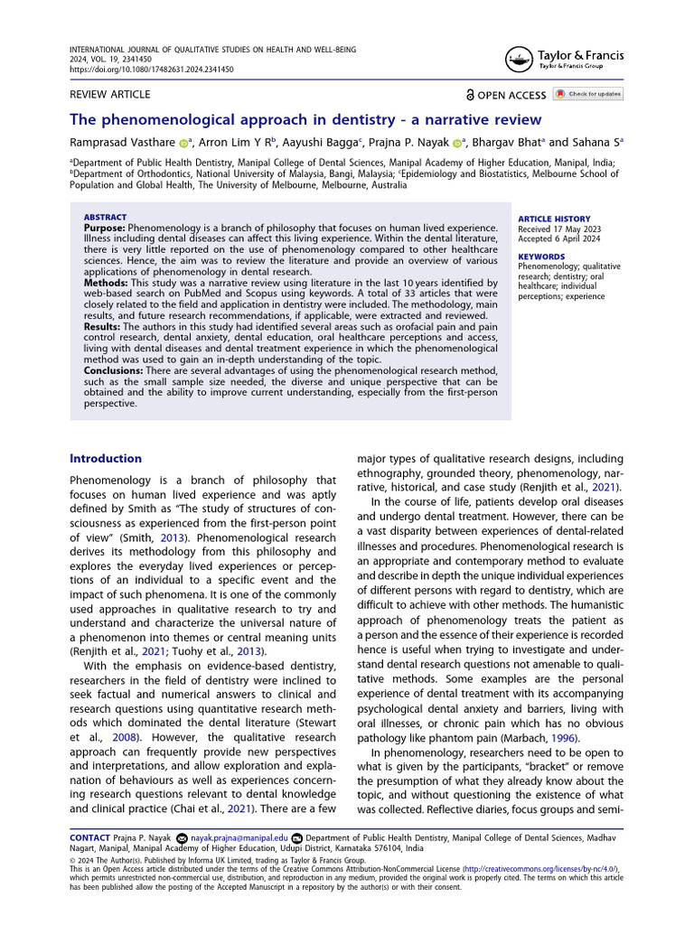The Phenomenological Approach in Dentistry - A Nar | PDF | Dentistry ...