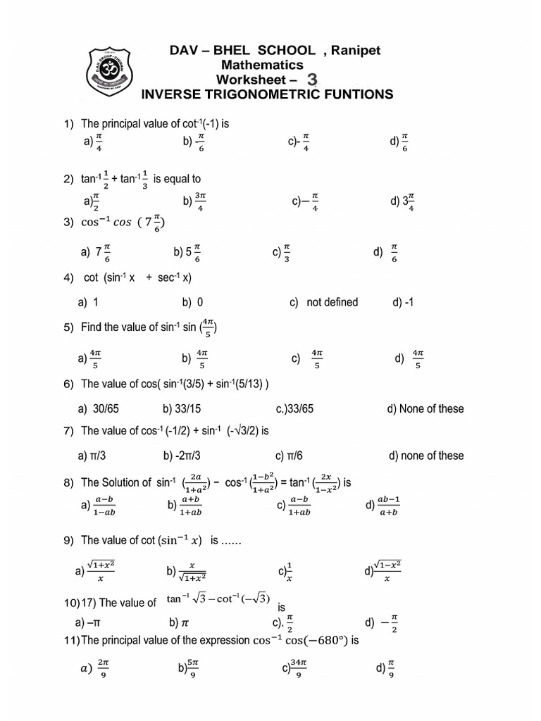 XII - Maths Work Sheet 3 - Inverse Trigonometric Functions | PDF