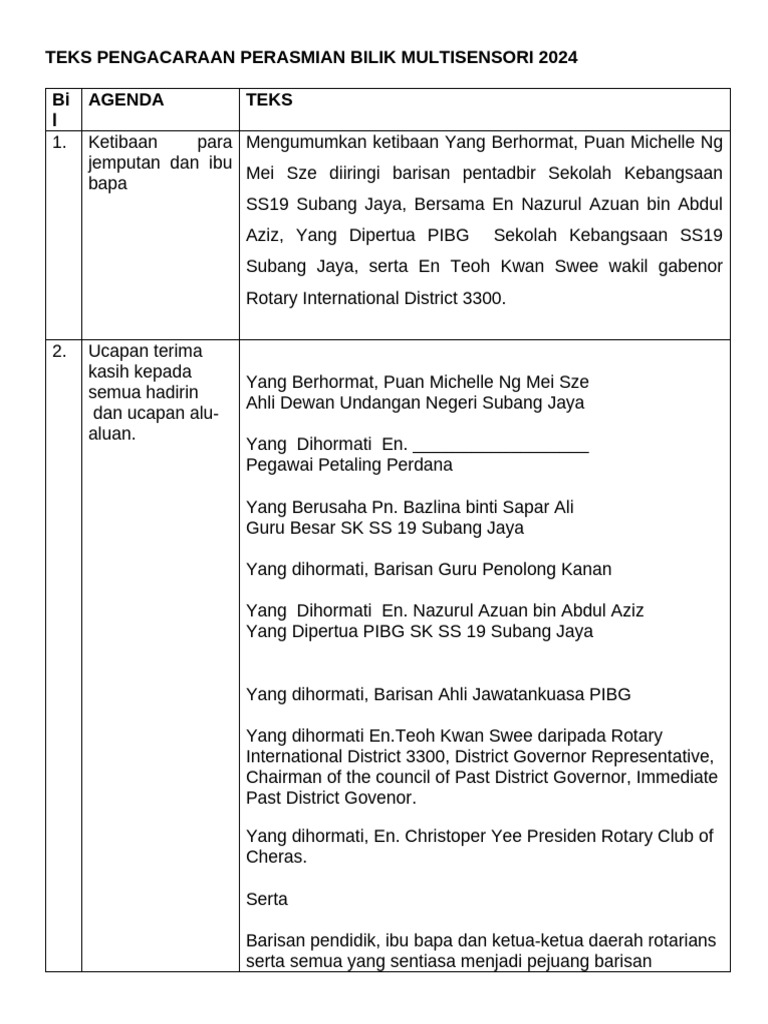 Teks Pengacaraan Perasmian Bilik Multisensori 2024 | PDF