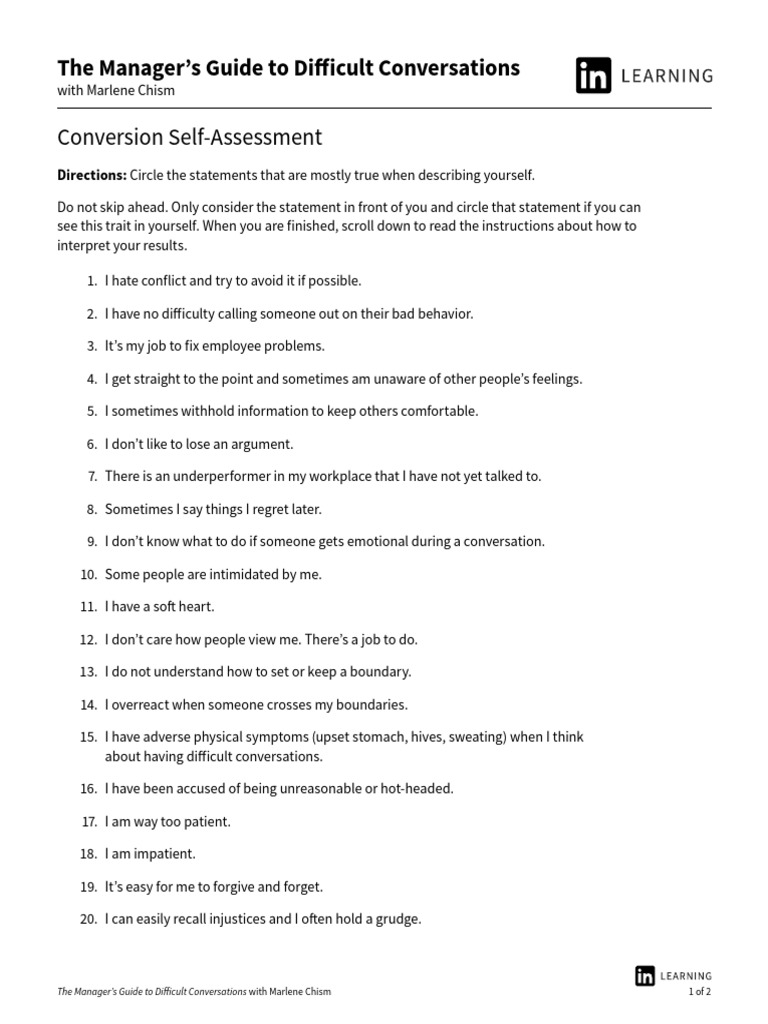 Difficult Conversations Self-Assessment Guide | PDF | Psychology | Emotions