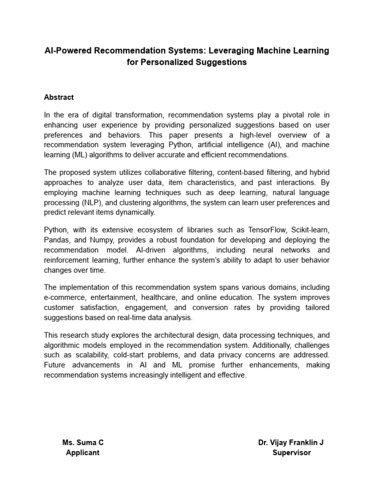 AI-Powered Recommendation Systems - Leveraging Machine Learning For Personalized Suggestions | PDF