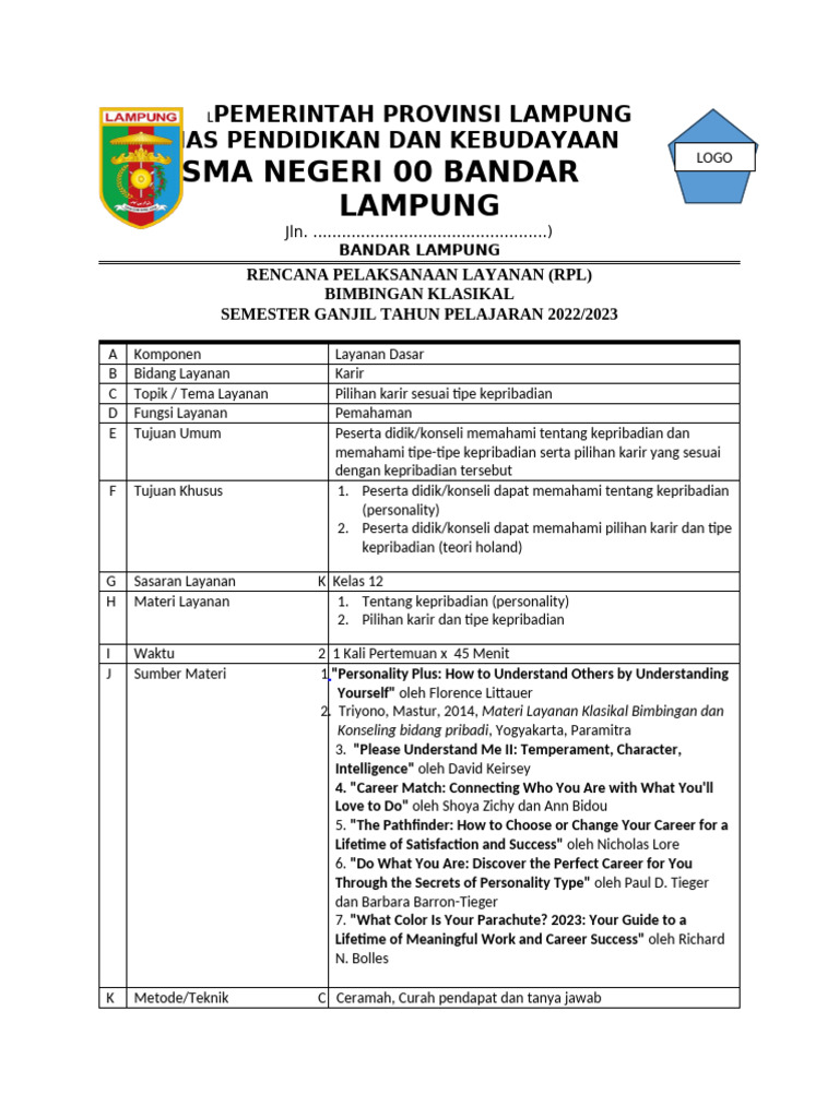 CONTOH RPL Pilihan Karir Sesuai Tipe Kepribadian | PDF
