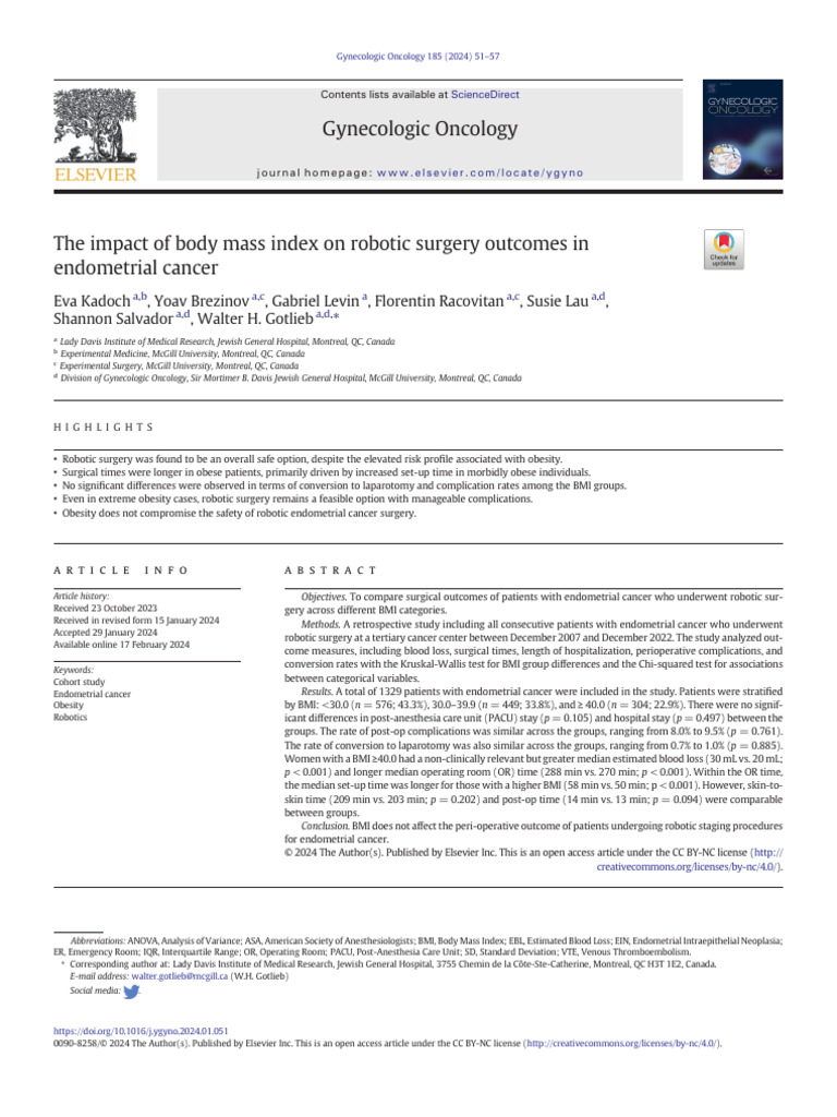 BMI and Robotic Surgery in Endometrial Cancer | PDF | Obesity | Body ...