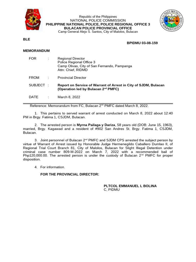 Bpidmu 03-08-159 Woa 2ND PMFC | PDF