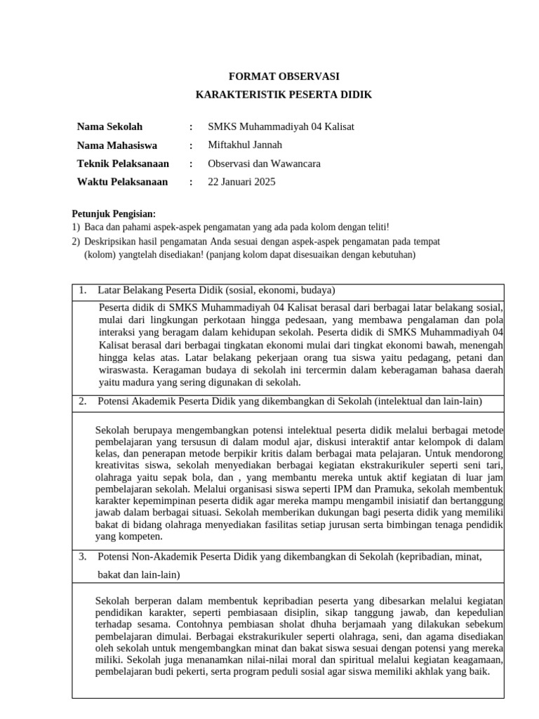6 FORMAT OBSERVASI KARAKTERISTIK PESERTA DIDIK | PDF