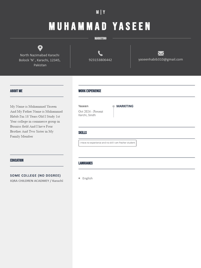 Muhammad Yaseen: North Nazimabad Karachi Bolock 'N', Karachi, 12345, Pakistan 923153806442 | PDF