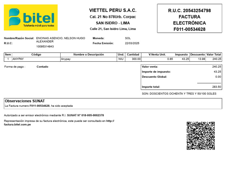 Viettel Peru S.A.C. R.U.C. 20543254798 Factura Electrónica F011-00534628 | PDF