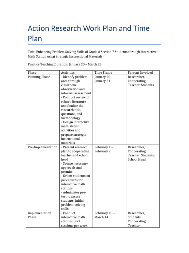 Action_Research_Work_Plan_and_Time_Plan | PDF | Teachers | Methodology