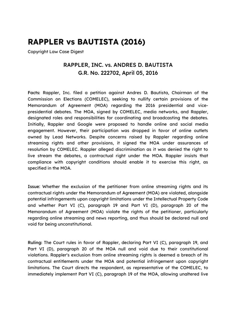 RAPPLER, INC. vs. ANDRES D. BAUTISTA Case Digest | PDF