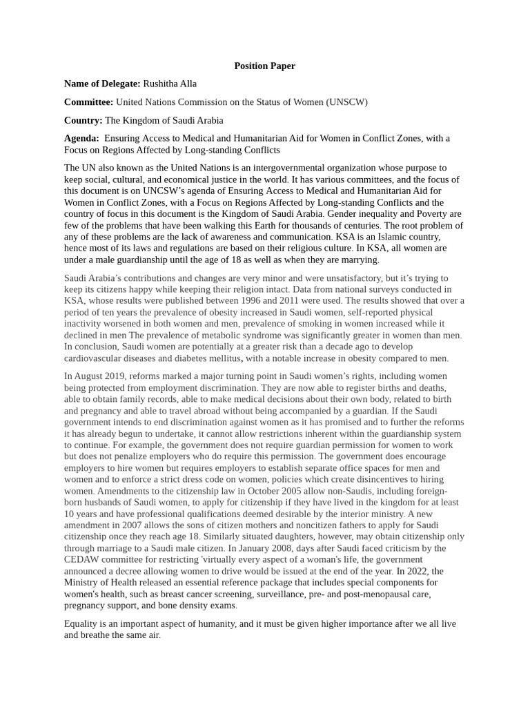 Position Paper-Delegate of Saudi Arabia-UNSCW | PDF | Violence ...