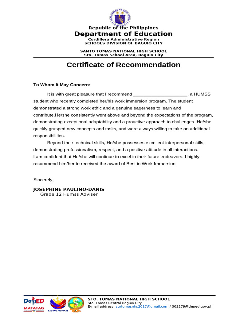 Certificate of Recommendation for HUMSS Student | PDF | Learning