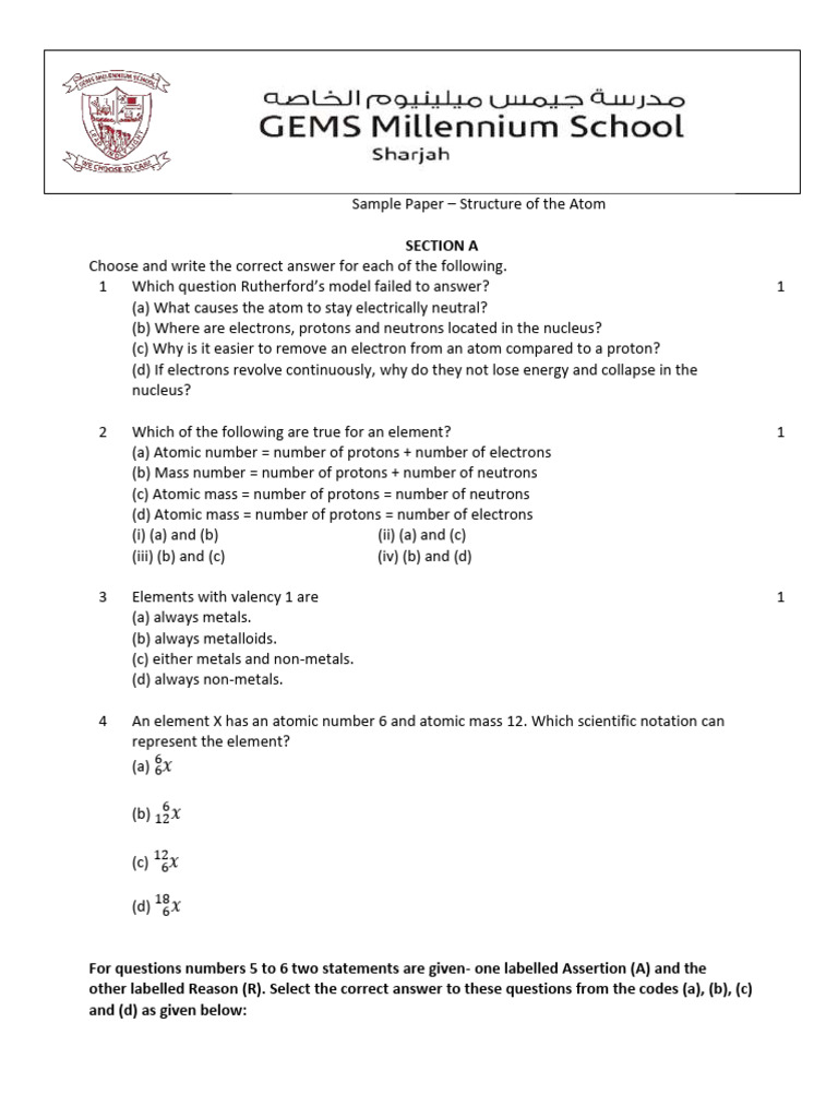 Grade 9 Sample Paper of Structure of The Atom | PDF | Atoms | Proton