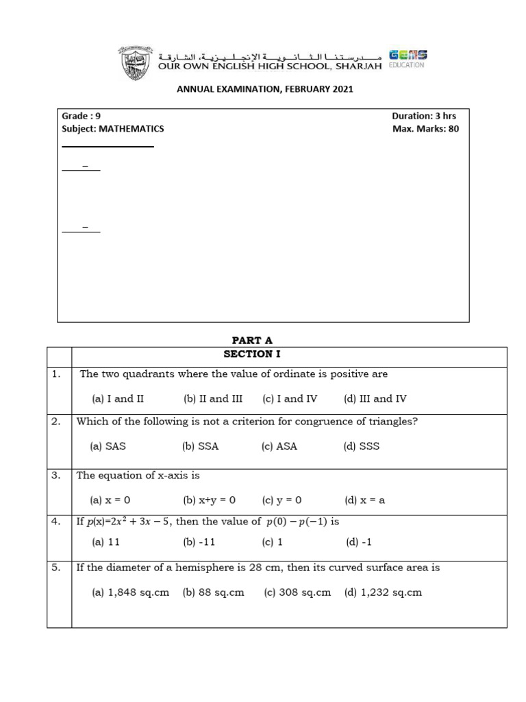 Annual Exam Qn.Paper-Grade-9-Math-Final | PDF | Circle | Euclidean ...