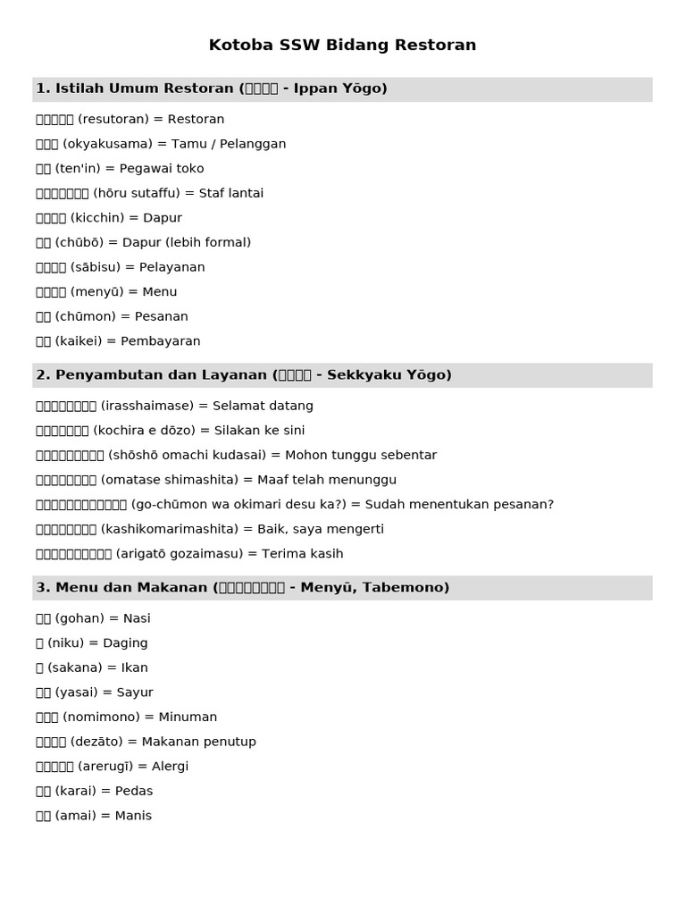 Kotoba_SSW_Restoran | PDF