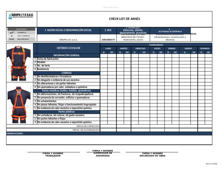 Check List de Inspección de Arnés | PDF | Materiales | Ingeniería mecánica
