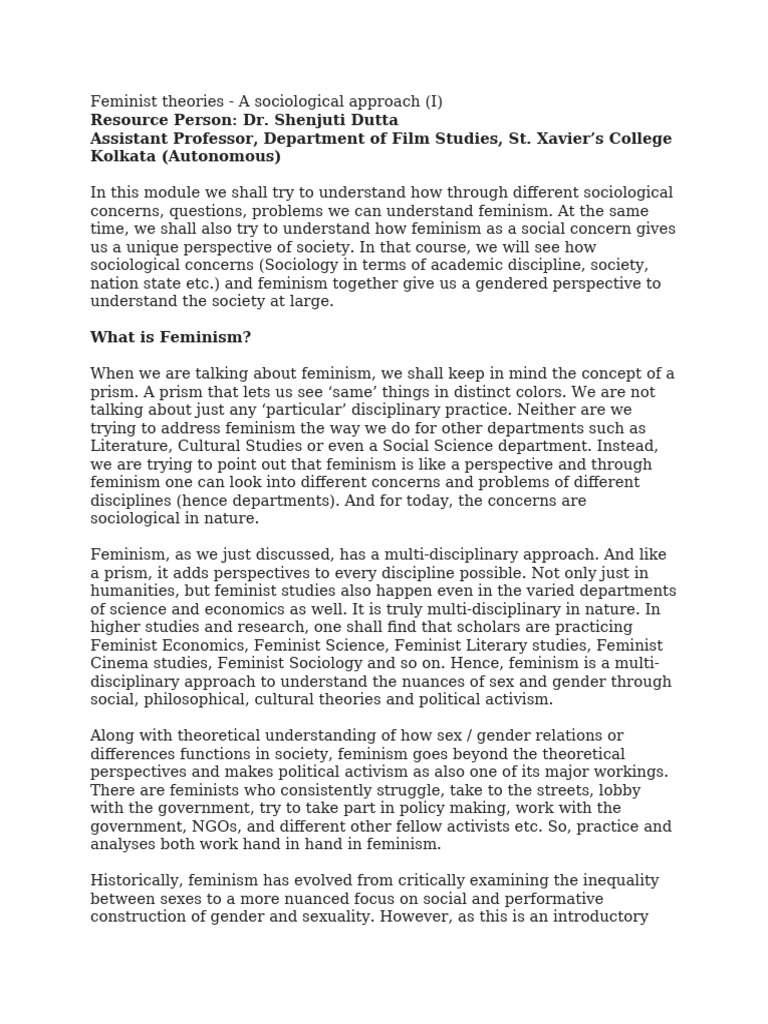 Feminist Theories A sociological approach I (1) | PDF | Feminism ...