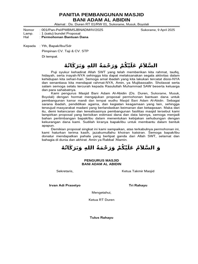 Proposal Dana Pembangunan Masjid Bani Adam | PDF
