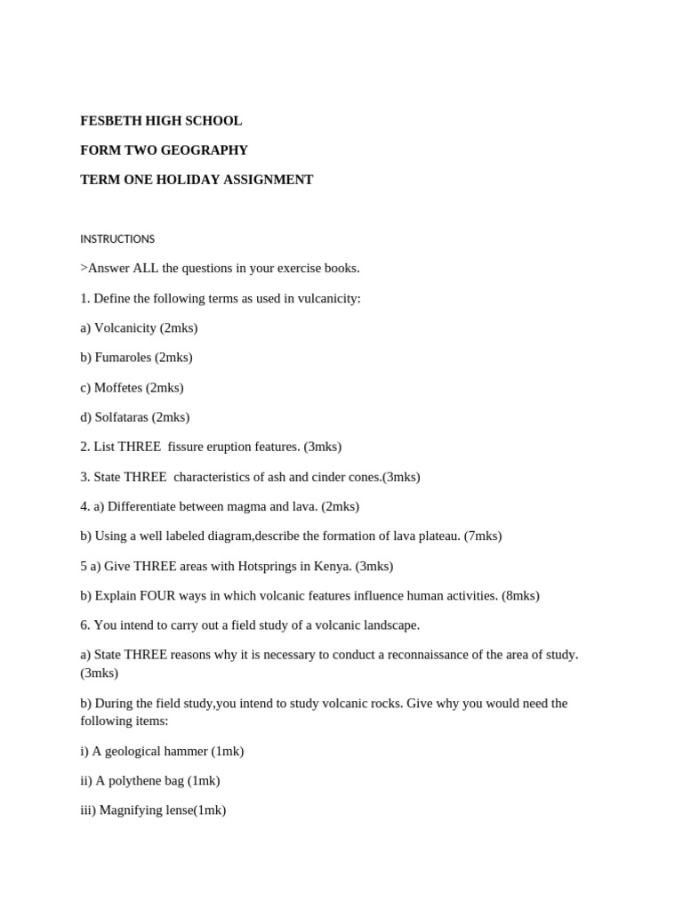 Form Two Geography Holiday Assignment | PDF