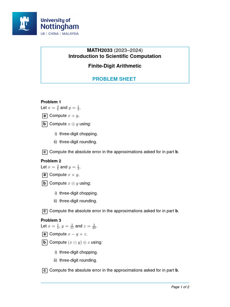 Finite-Digit Arithmetic Problem Sheet | PDF