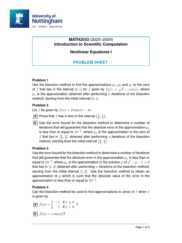 Nonlinear Equations I Problem Sheet | PDF | Mathematics | Elementary Mathematics