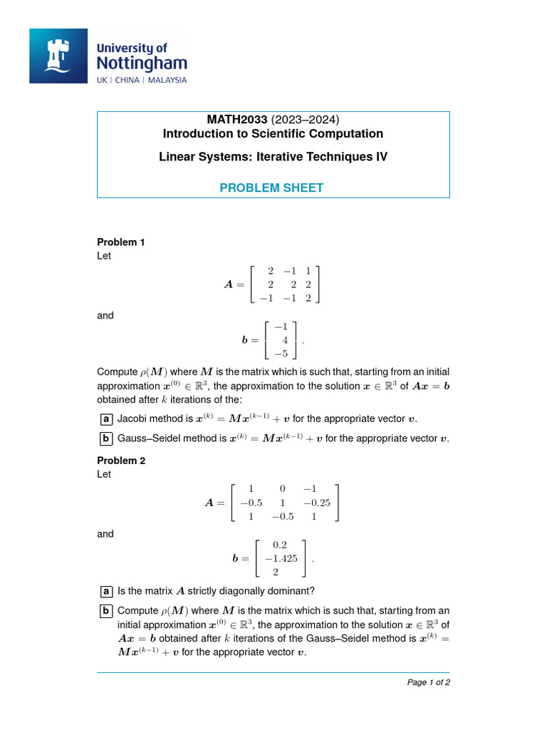 Linear Systems Iterative Techniques IV Problem Sheet | PDF | Mathematical Analysis | Algorithms ...