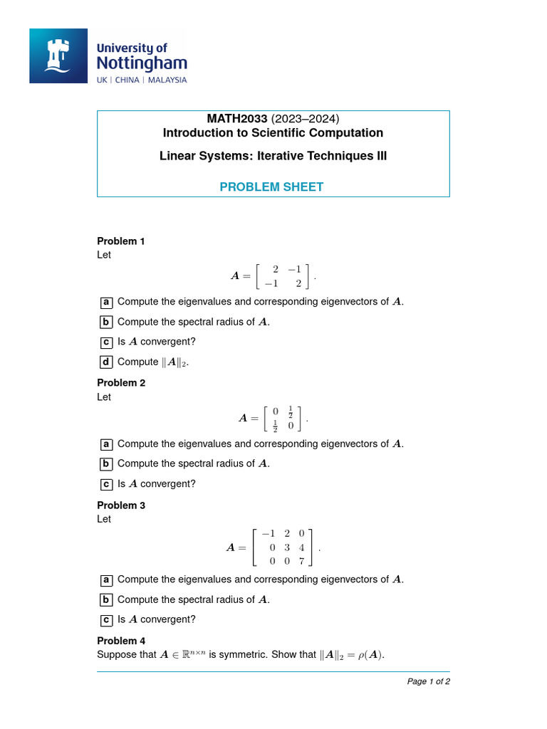 Linear Systems Iterative Techniques III Problem Sheet | PDF
