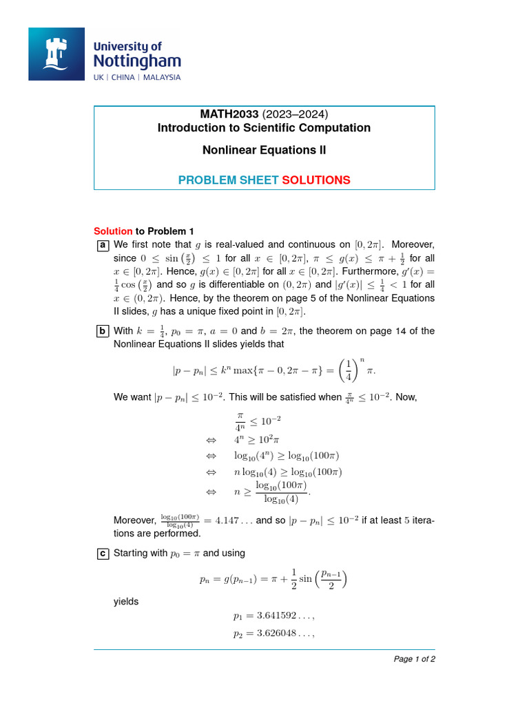 Nonlinear Equations II Problem Sheet Solutions | PDF | Mathematics ...