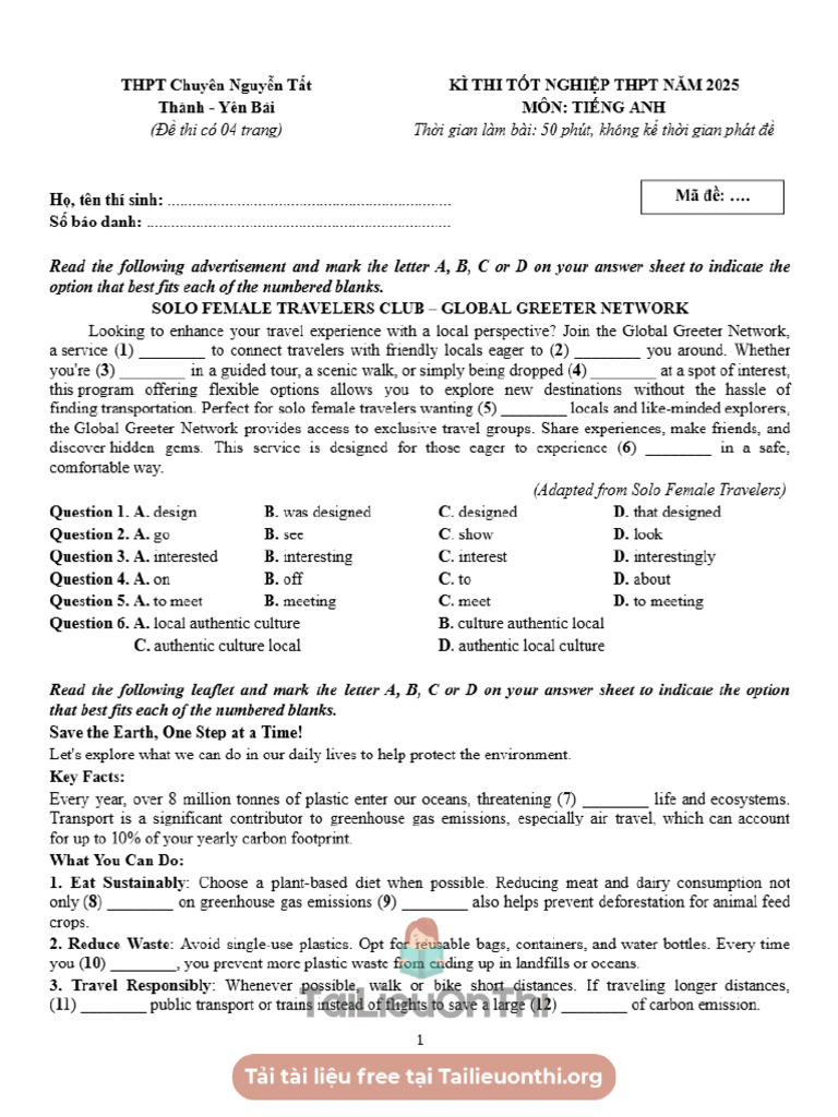 2. THPT Chuyên Nguyễn Tất Thành - Yên Bái (Tốt Nghiệp THPT 2025 Môn Tiếng Anh) .Doc - Google Tài ...