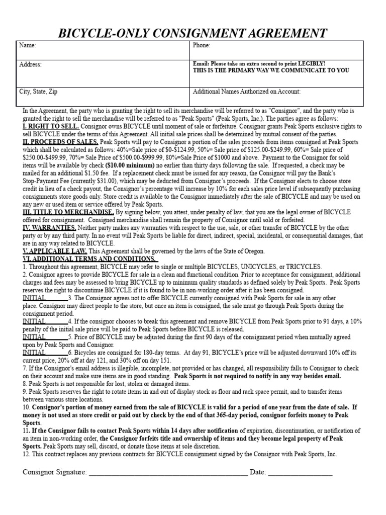 Bicycle Consignment Form | PDF | Business
