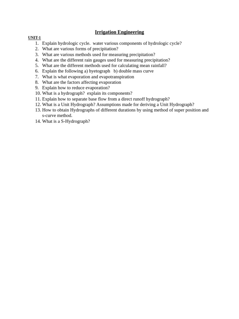 Irrigation Engineering - Unit-1 Question Bank | PDF
