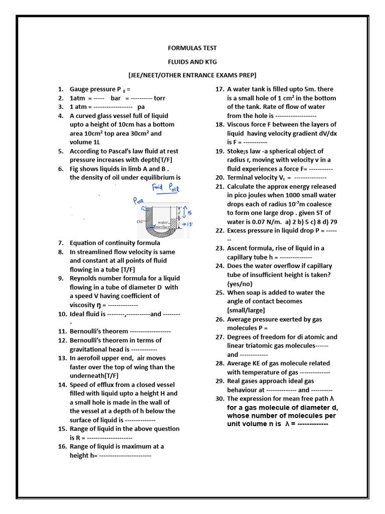 FORMULAS TEST FLUIDS AND KTG | PDF | Gases | Liquids