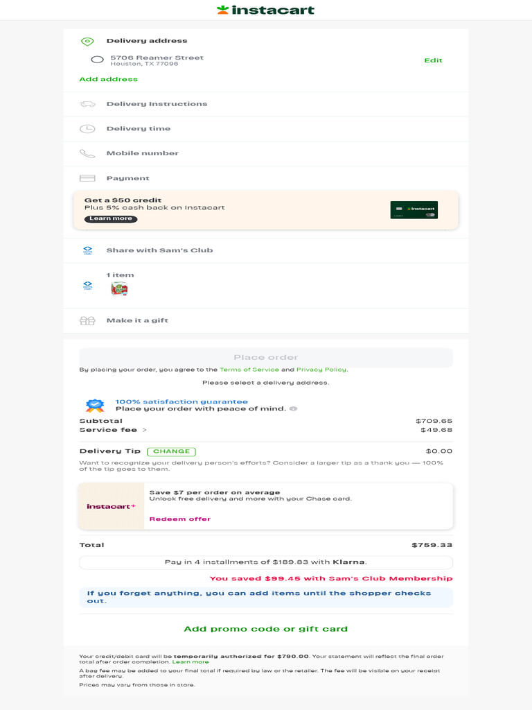 Instacart - Sam's Club Order | PDF | Credit Card | Service Industries