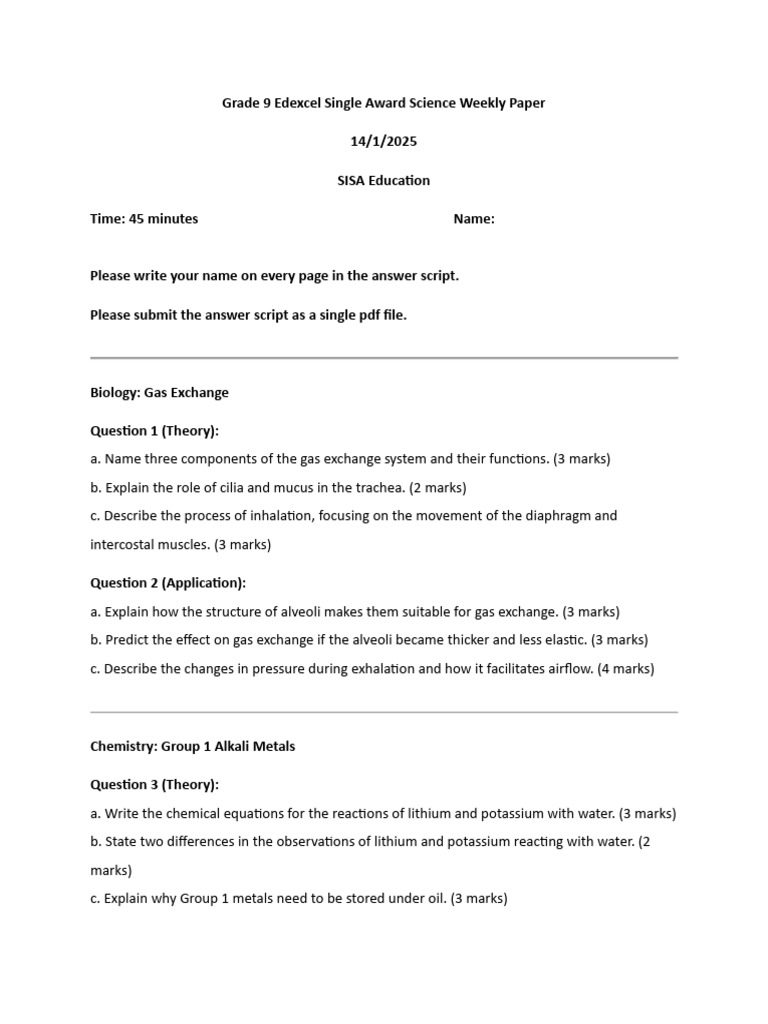 Grade 9 Edexcel Single Award Science Weekly Paper 14.1.25 | PDF