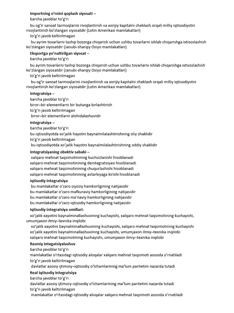 1 Importning O'rnini Qoplash Siyosati - A Barcha Javoblar To'g'r | PDF