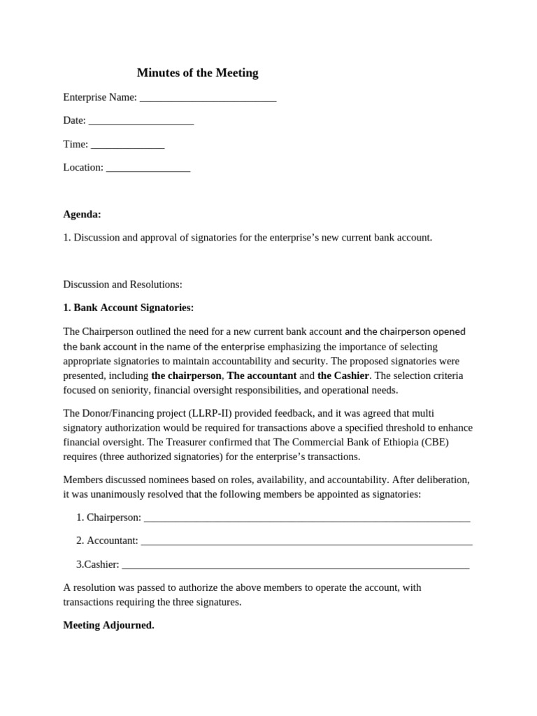 Meeting Minutes: Bank Account Signatories | PDF