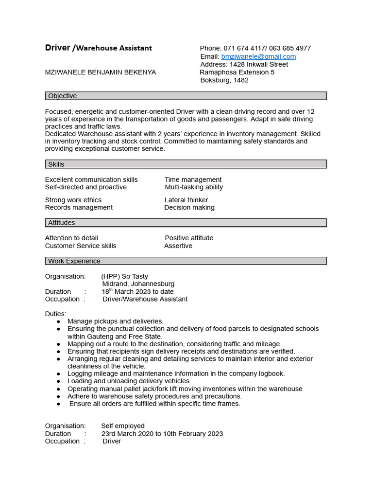 CV MB Bekenya Compressed | PDF | Warehouse | Driver's License