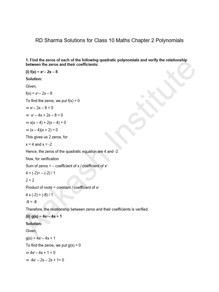 RD Sharma Solutions For Class 10 Maths Chapter 2 Polynomials | PDF | Zero Of A Function | Polynomial
