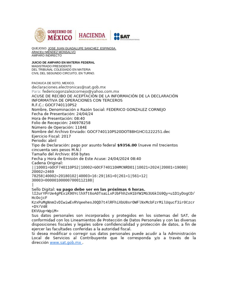 Acuse de Recibo de Declaración Informativa | PDF