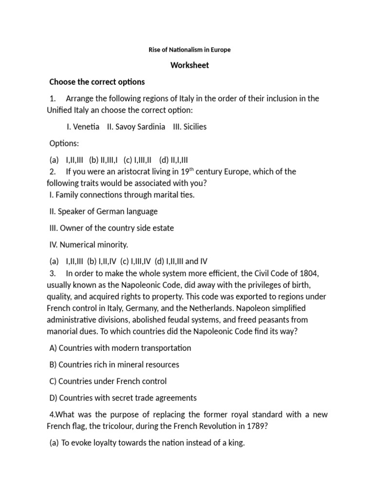 Rise of Nationalism in Europe - Work Sheet | PDF | Nationalism ...